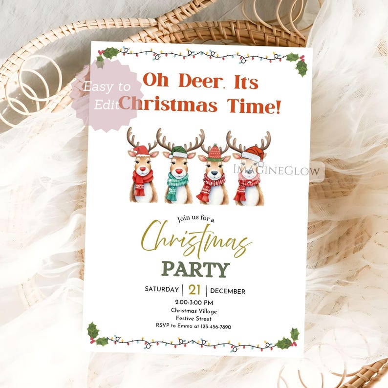 Rudolph Christmas Party Invitation - Reindeer Holiday Invite Printable ...