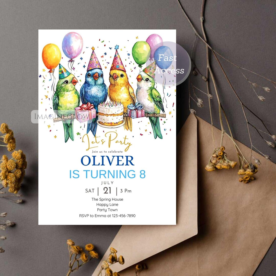 Lovebird Birthday Invitation Colorful Bird Birthday Invite Tropical ...