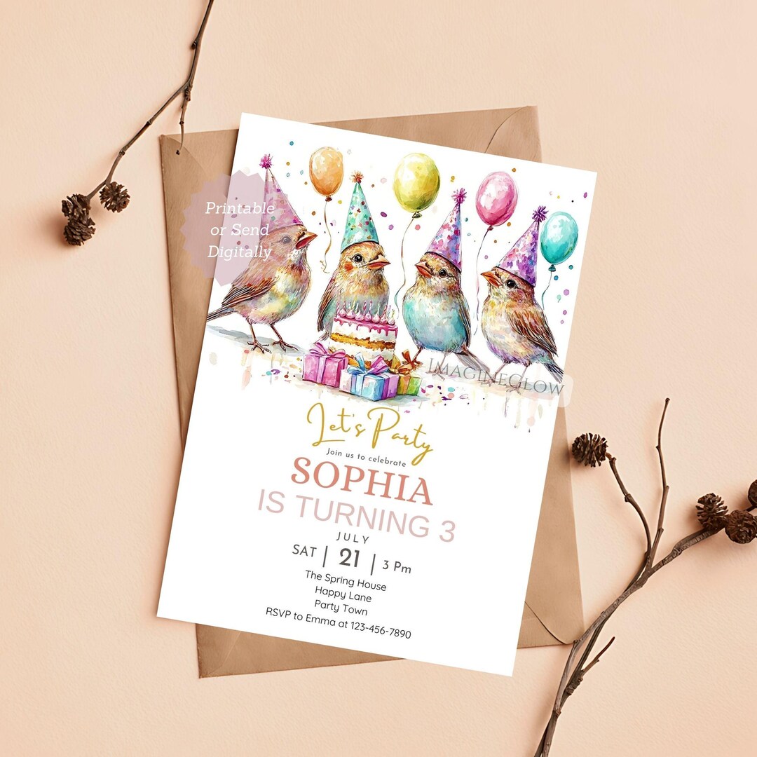 Finch Birthday Invitation Bird Theme Birthday Invite Tropical Bird ...