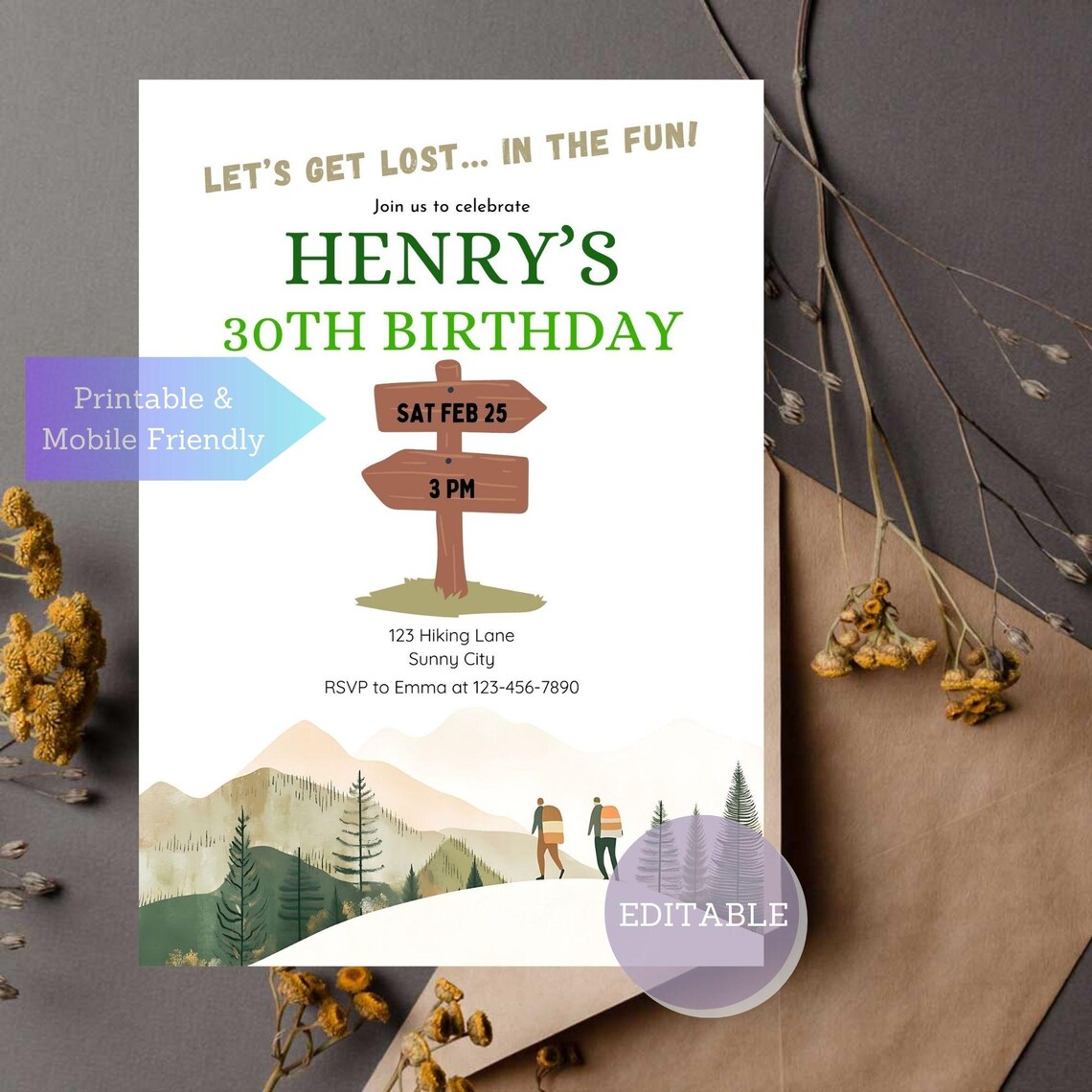 Hiking Party Invitation Template - Editable Outdoor Adventure Invite ...