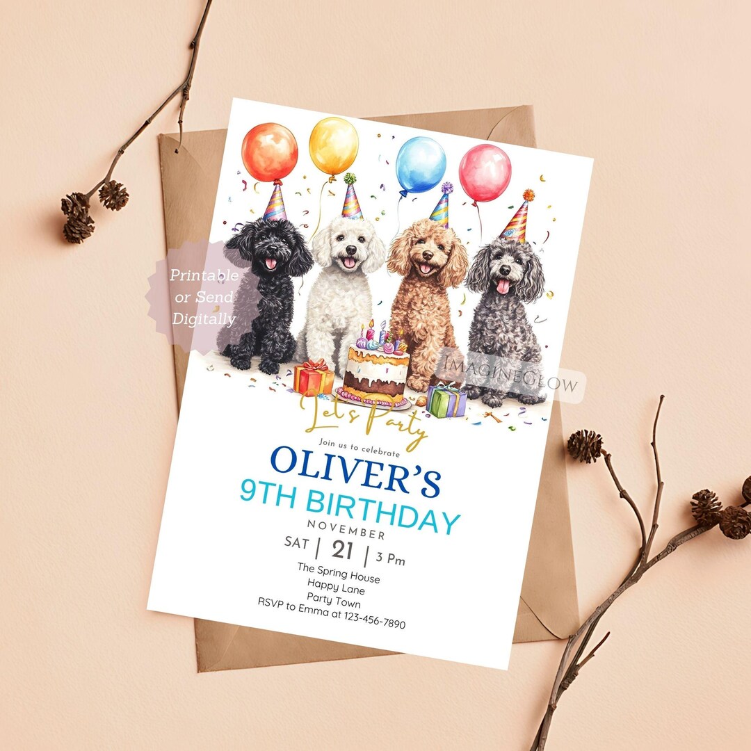 Four Poodle Dog Birthday Invitation Cute Puppy Party Invite Dog Lover ...