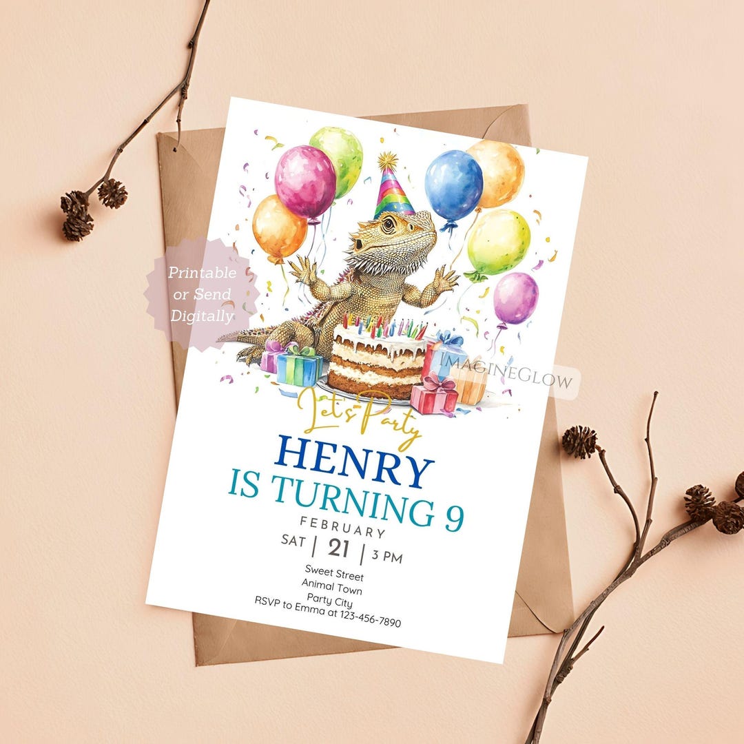 Lizard Birthday Invitation Bearded Dragon Party Invite Reptile Birthday ...