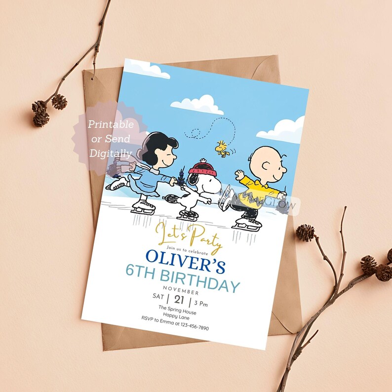 Snoopy Birthday Invitation: Ice Skating Party Invite Template, Editable ...