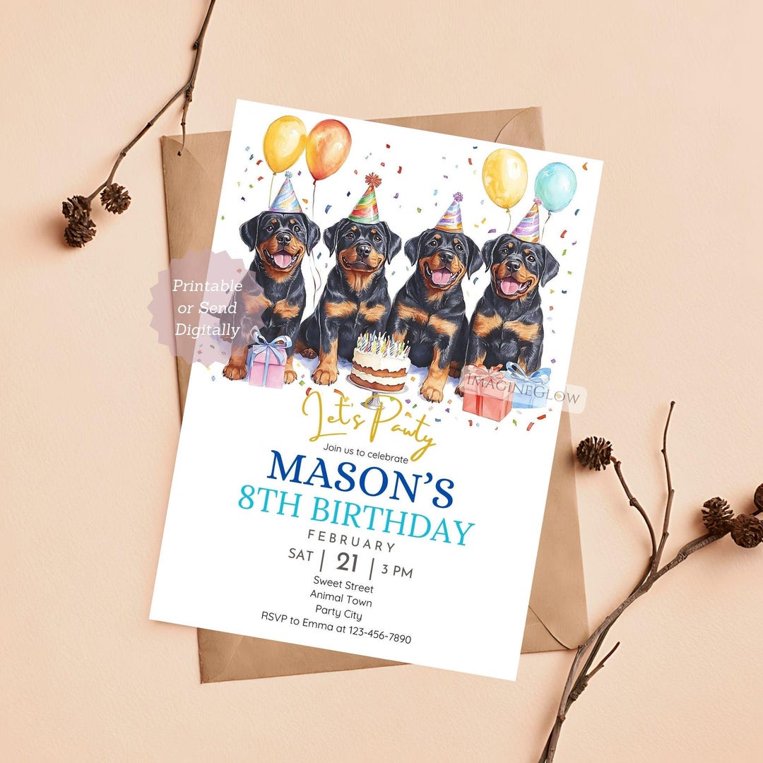 Rottweiler Birthday Invitation Puppy Party Invite Puppy Pawty Dog ...
