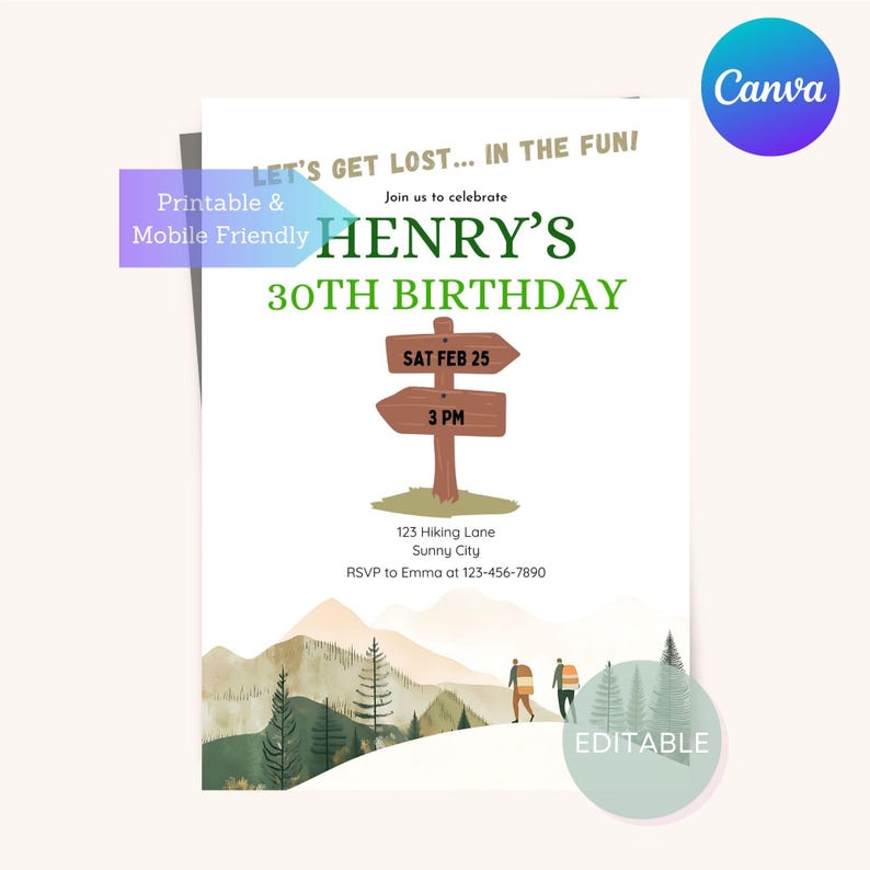 Hiking Party Invitation Template - Editable Outdoor Adventure Invite ...