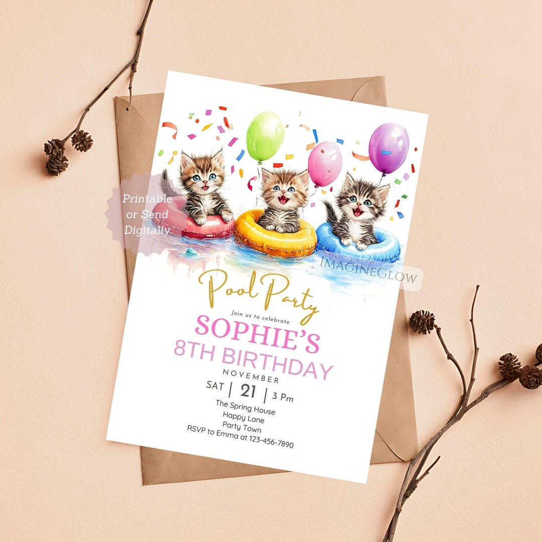 Kitten Pool Party Birthday Invitation: Editable Summer Invite (digital ...