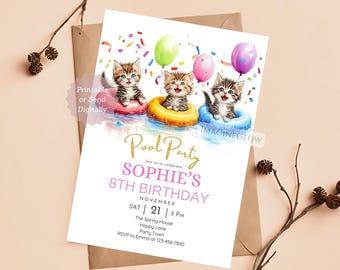 Kitten Pool Party Birthday Invitation: Editable Summer Invite (digital ...