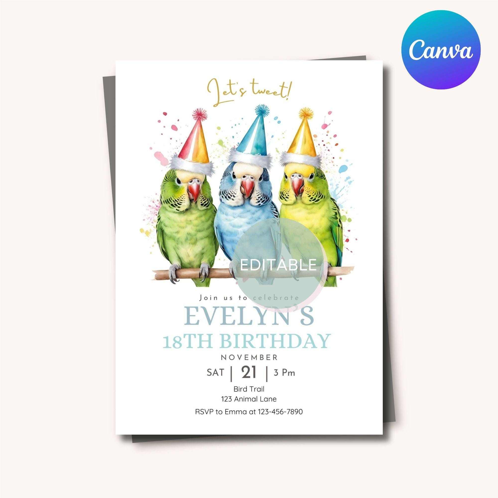 Parakeets Birthday Invitation Template: Tropical Parrot Party (digital ...