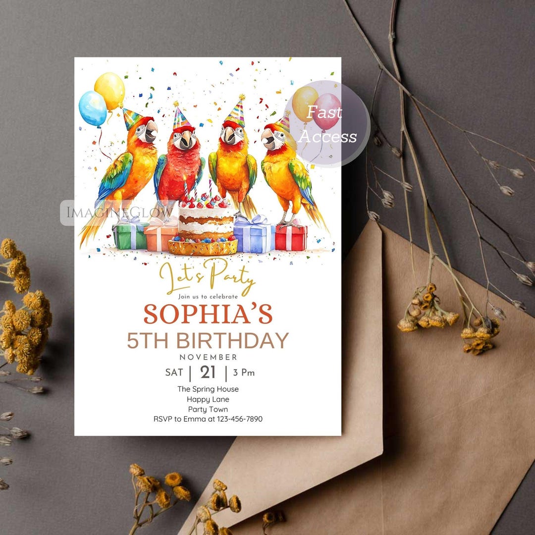 Tropical Parrot Birthday Invitation: Jungle Bird Party (digital ...