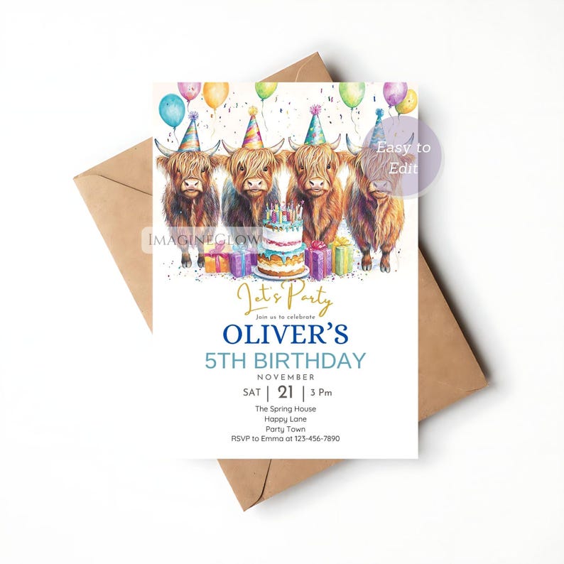 Highland Cow Birthday Invitation Farm Party Invite Animal Celebration ...