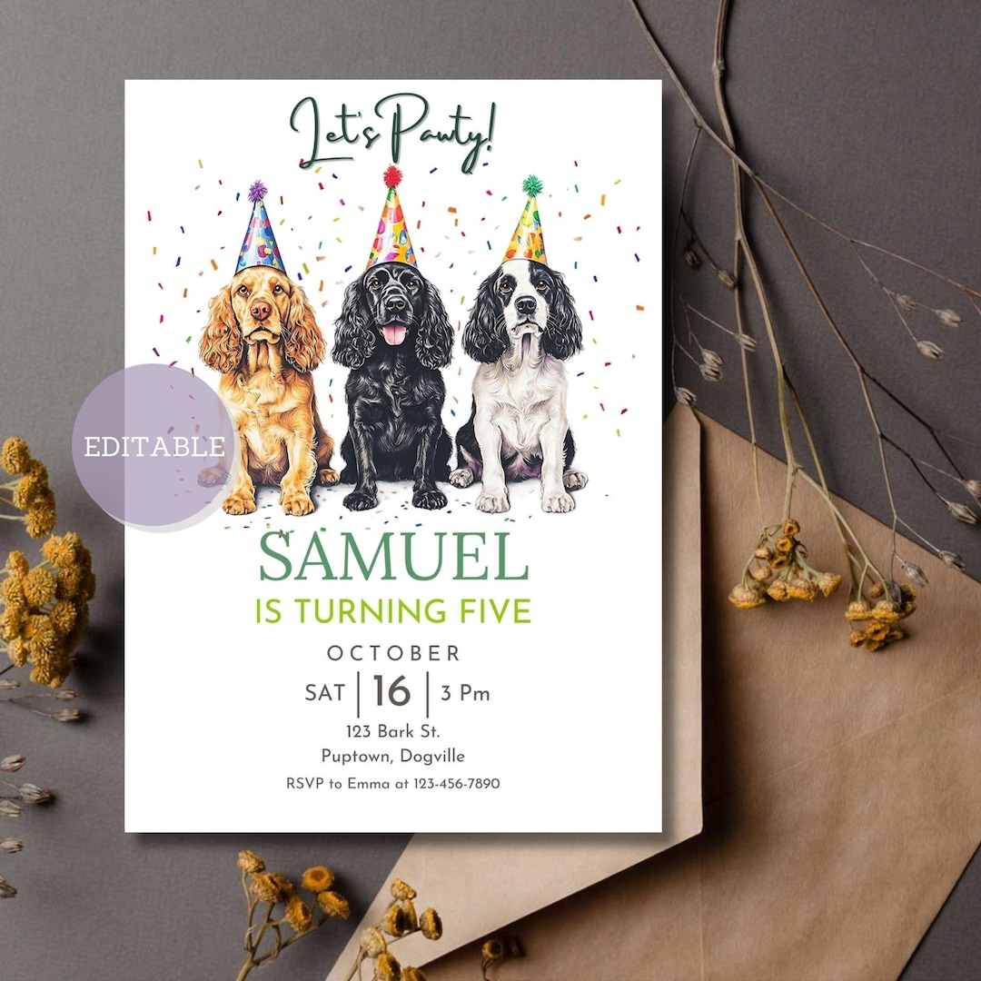 Cocker Spaniel Dog Birthday Invitation Template - Printable Invitation ...