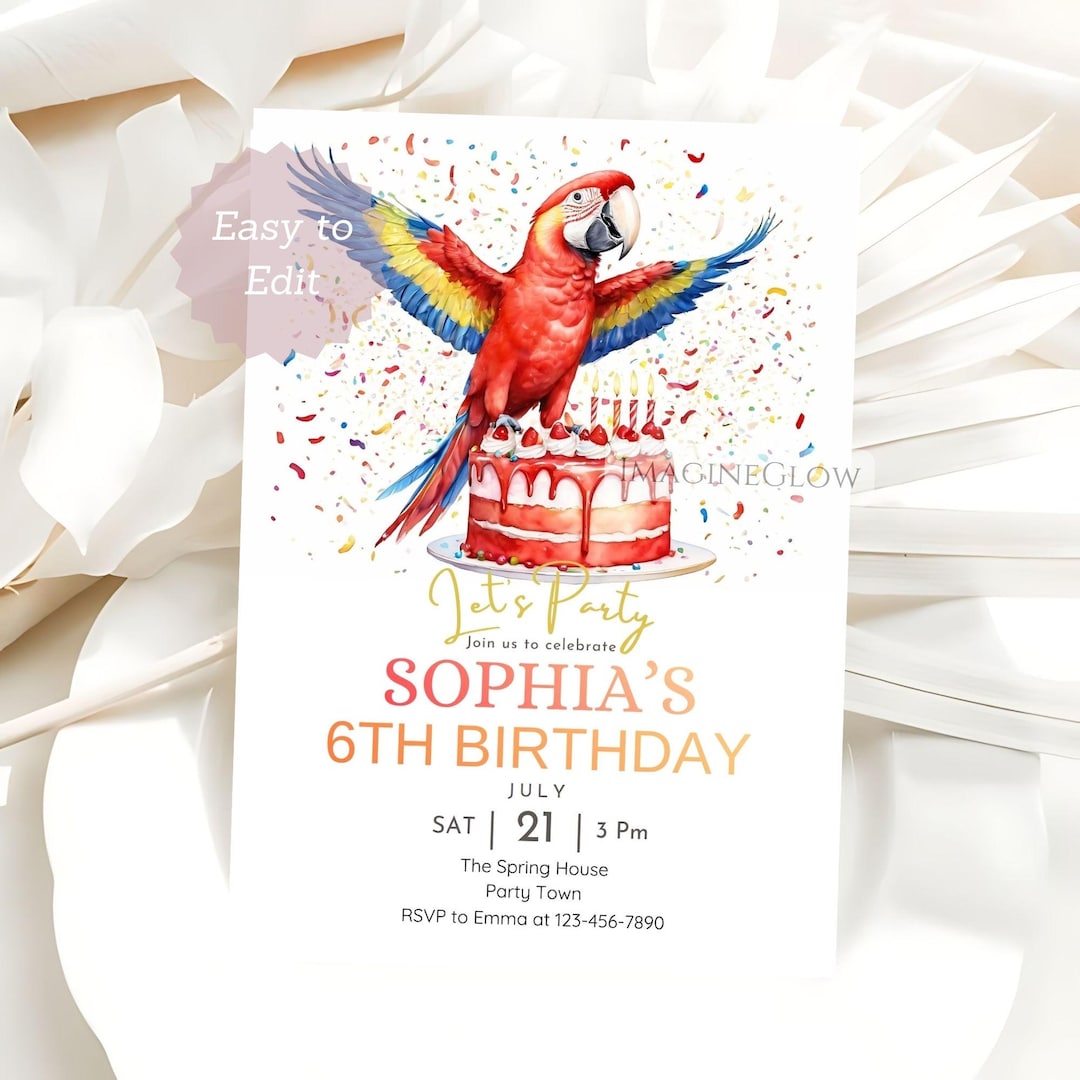 Parrot Birthday Invitation: Tropical Bird Macaw Party Invite Printable ...