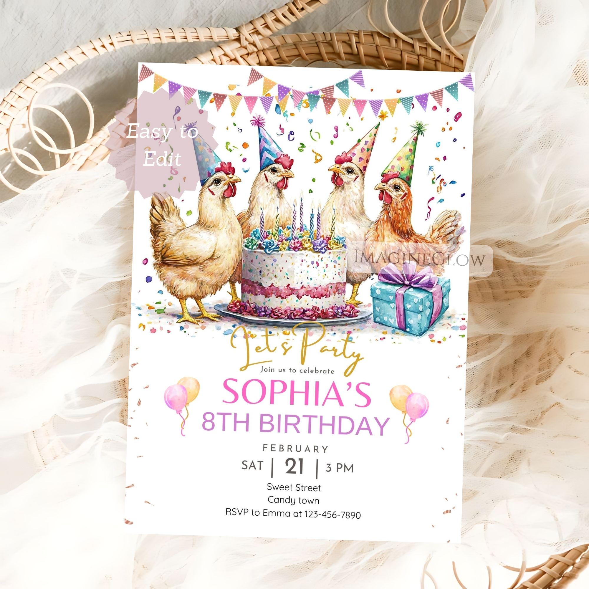 Chicken Birthday Invitation: Farm Animal Rooster, Girl Party Invite ...