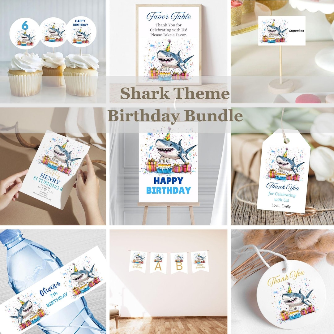 Shark Birthday Party Bundle: Ocean Theme, Editable in Canva (digital ...