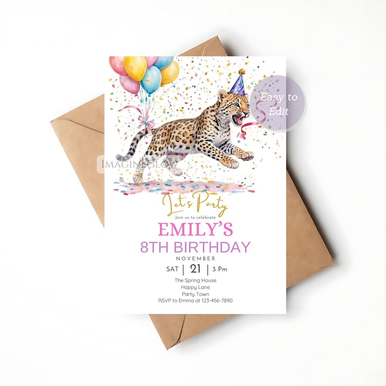 Cheetah Leopard Birthday Invitation Wild Cat Party Invite Safari Jungle ...