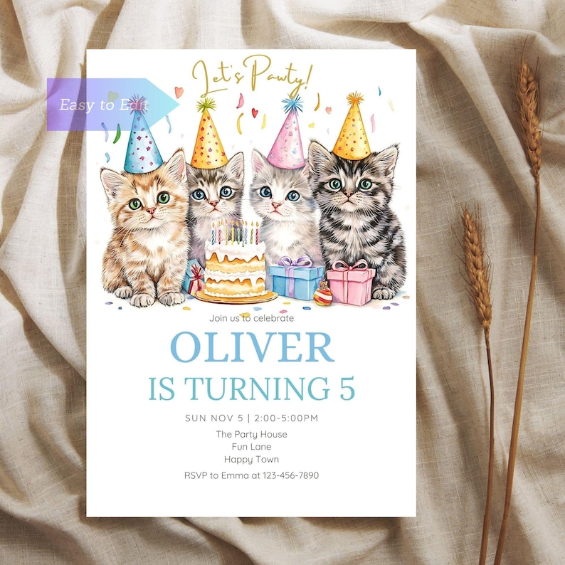 Kitty Cat Birthday Party Invitation Cute Cats Theme Editable Party ...