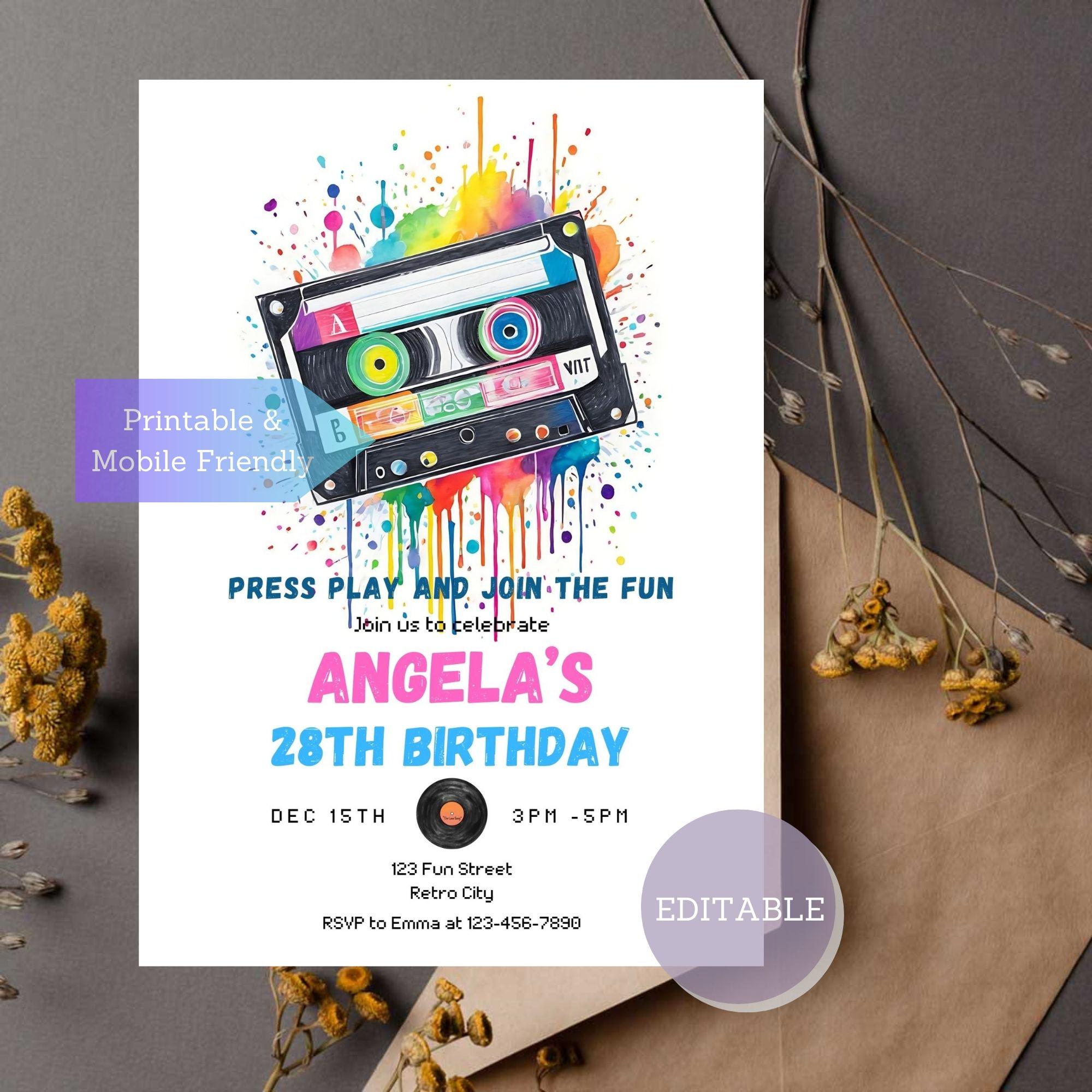 Retro Cassette Tape Party Invitation - Editable Music Theme Invitation ...