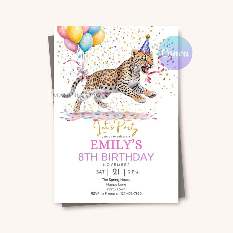 Cheetah Leopard Birthday Invitation Wild Cat Party Invite Safari Jungle ...