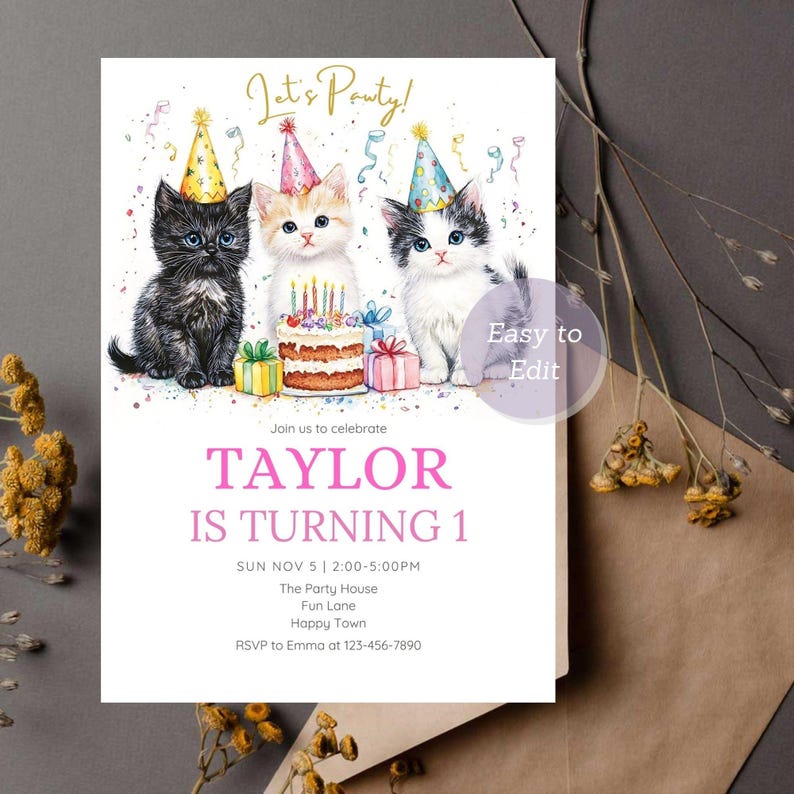 Kitty Cat Birthday Party Invitation Cute Cats Theme Editable Party ...
