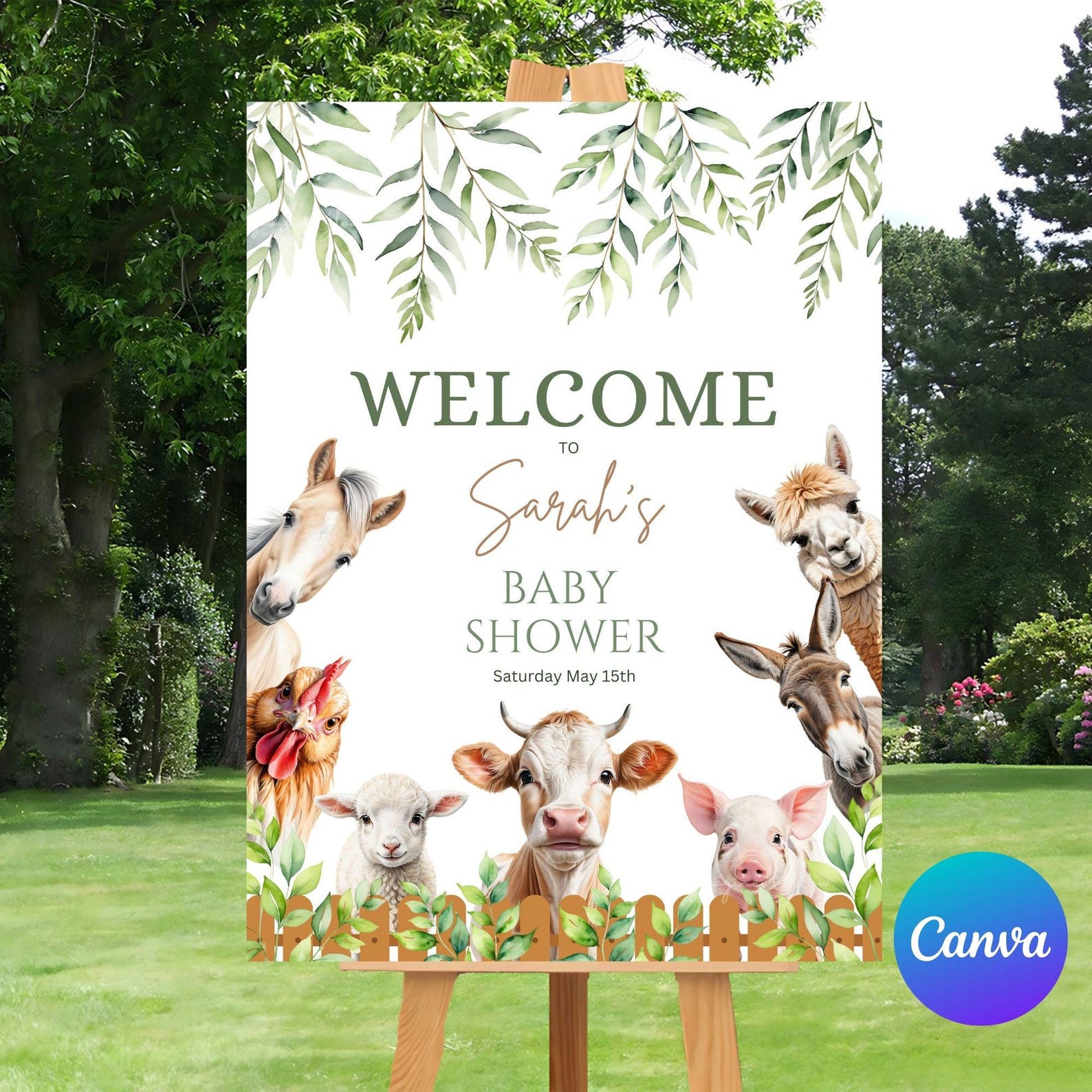 Baby Shower Welcome Sign Farm Animal Greenery Baby Shower Poster ...