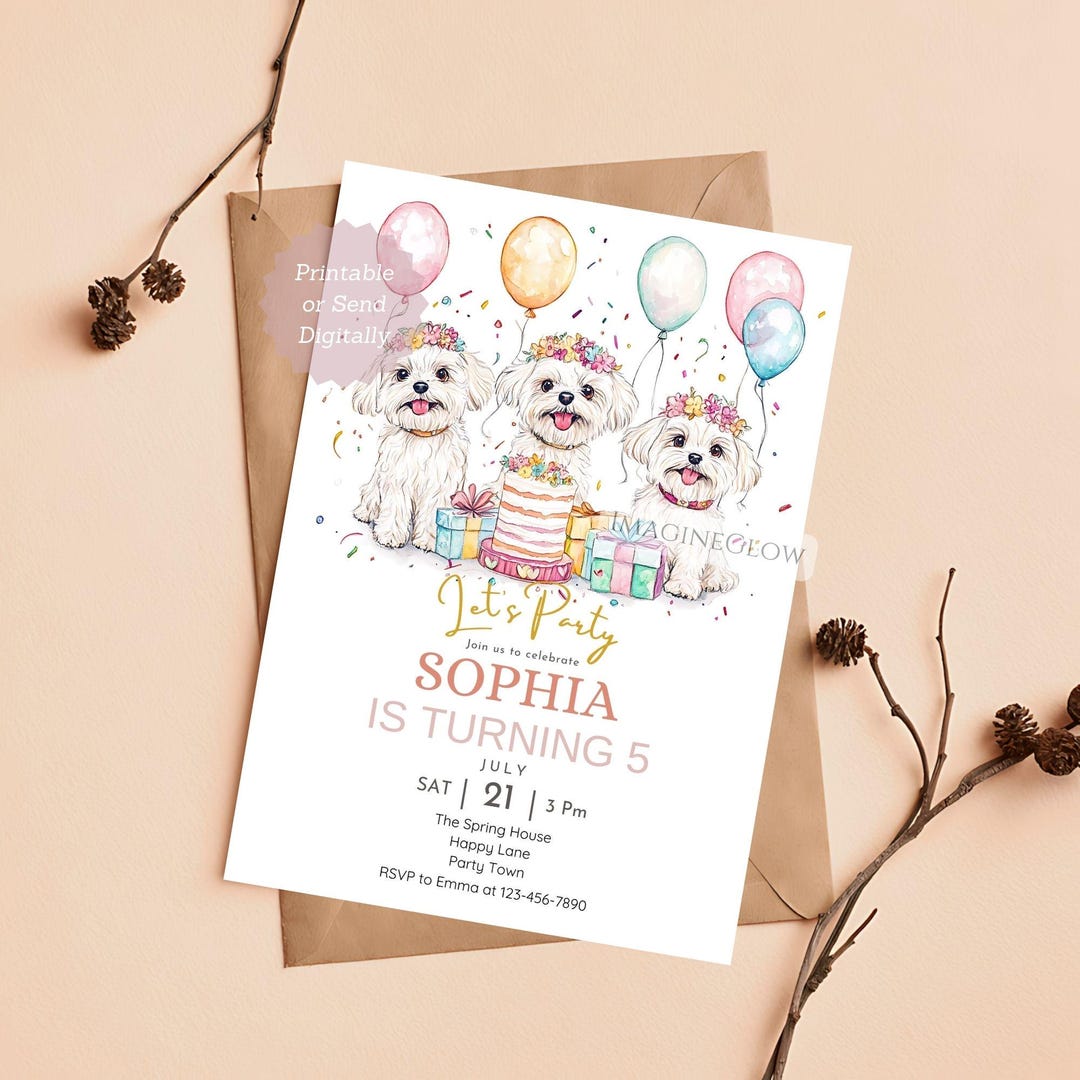 Maltese Dog Birthday Invitation: Puppy Pawty, Editable Template ...
