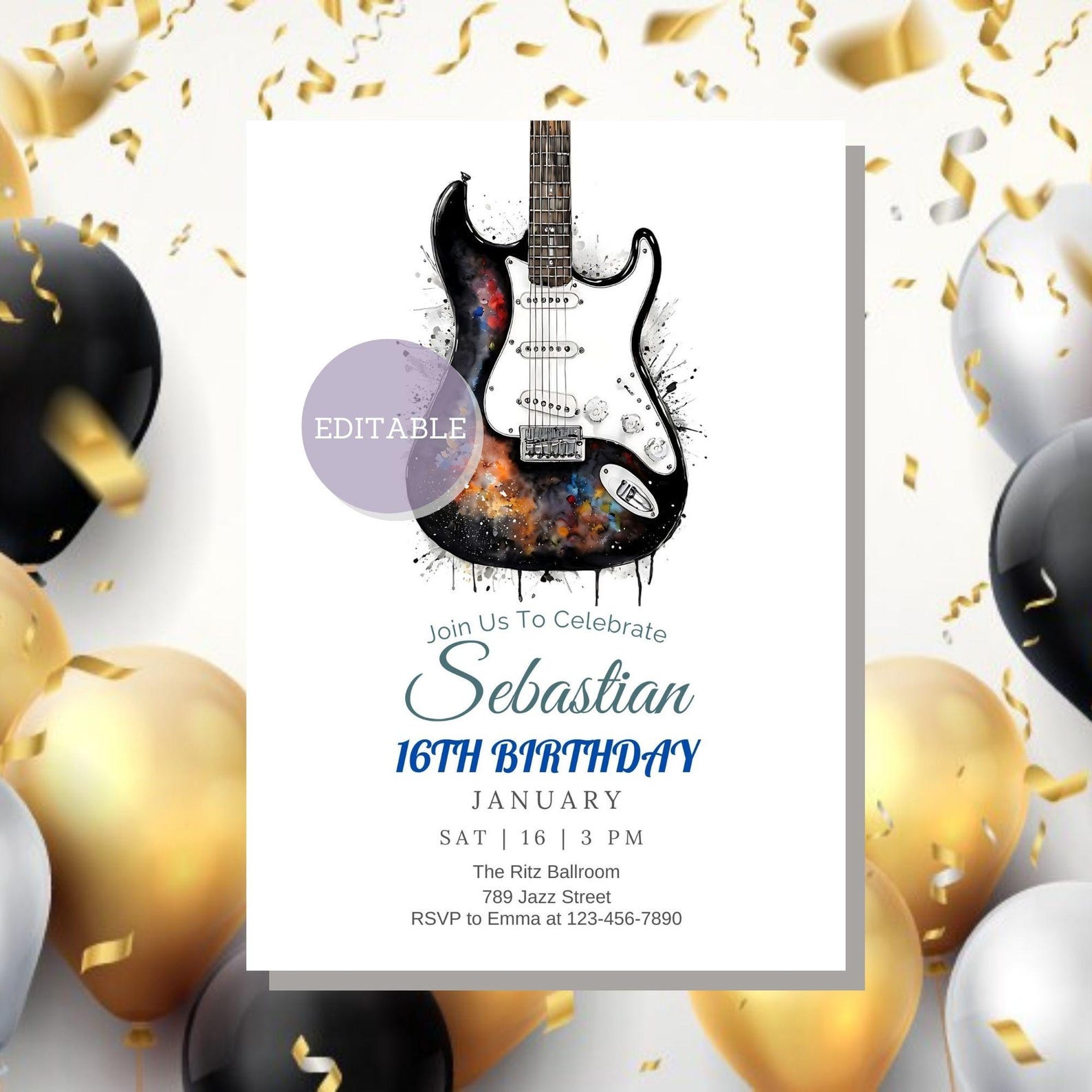 Electric Guitar Birthday Invitation: Music Theme, Editable Template ...