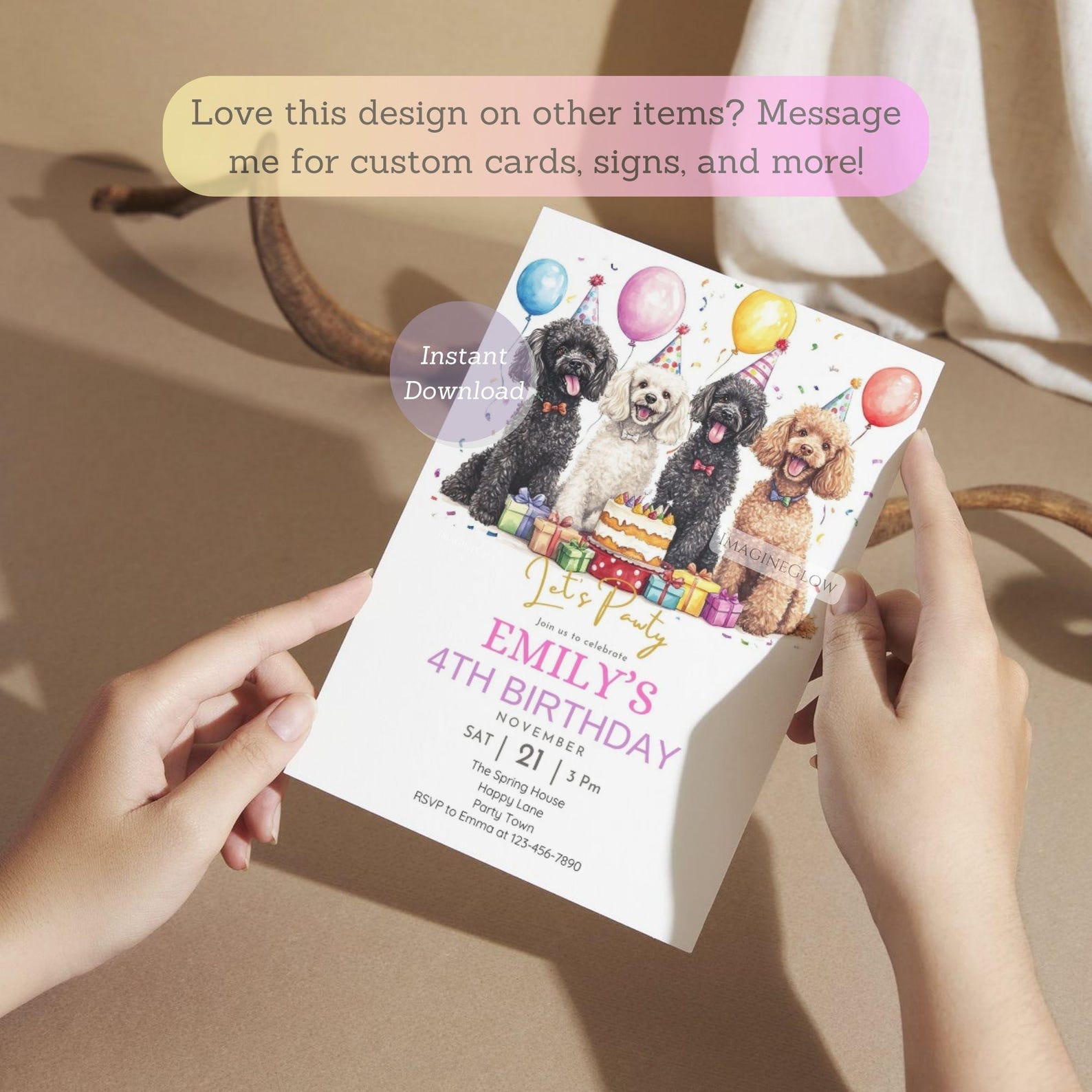 Poodle Dog Birthday Invitation Cute Puppy Party Invite Dog Lover Kid ...