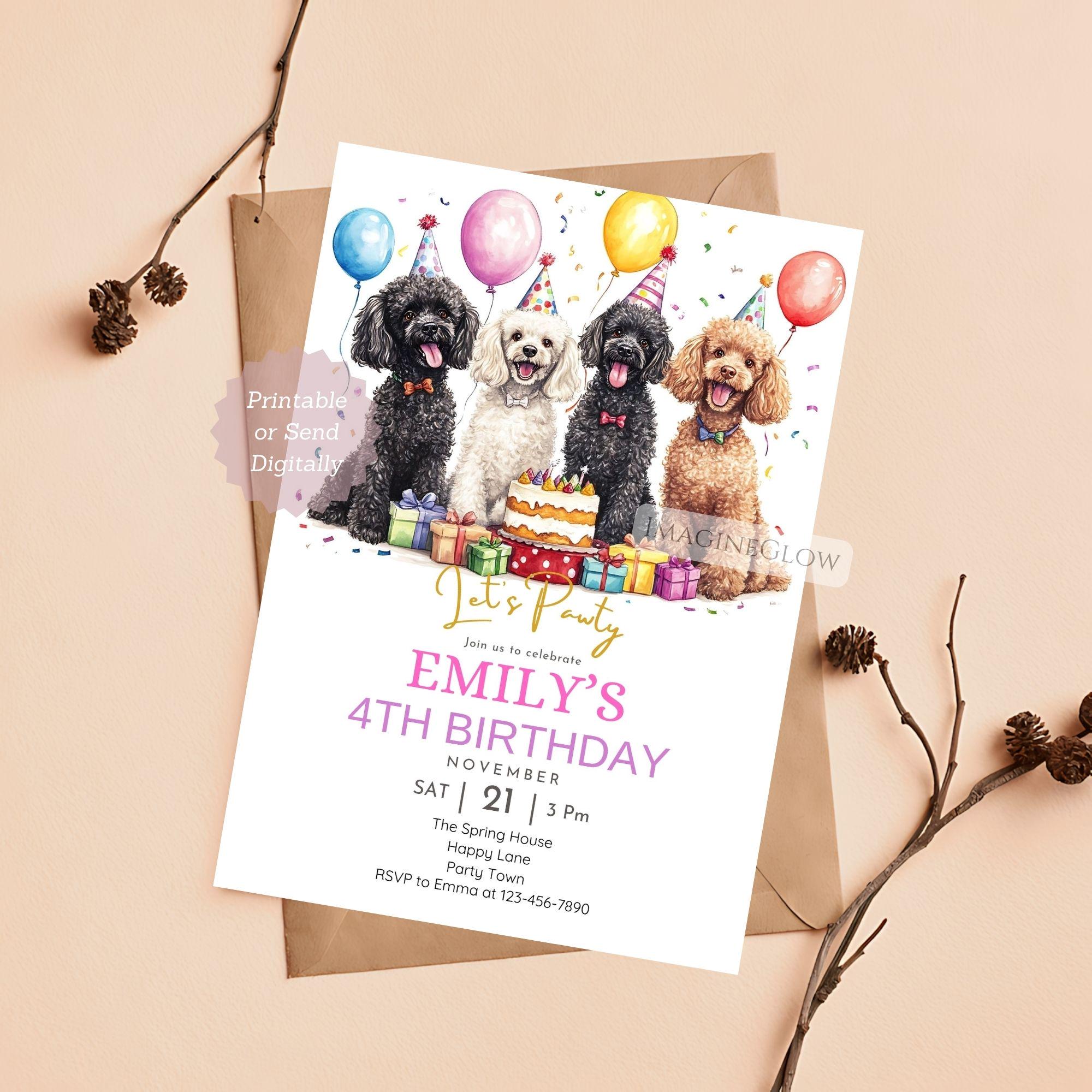 Poodle Dog Birthday Invitation Cute Puppy Party Invite Dog Lover Kid ...