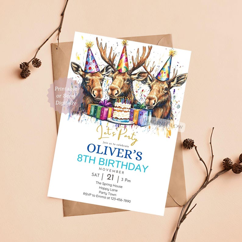 Moose Birthday Invitation: Woodland Animal Party (digital Download) - Etsy