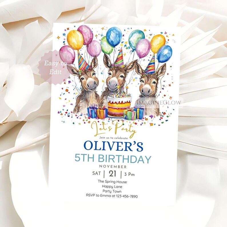Donkey Birthday Invitation: Farm Animal Party, Editable Template ...