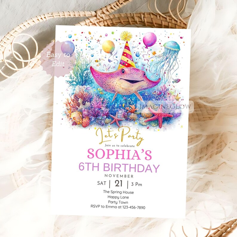 Stingray Birthday Invitation: Under the Sea Party (editable Template ...