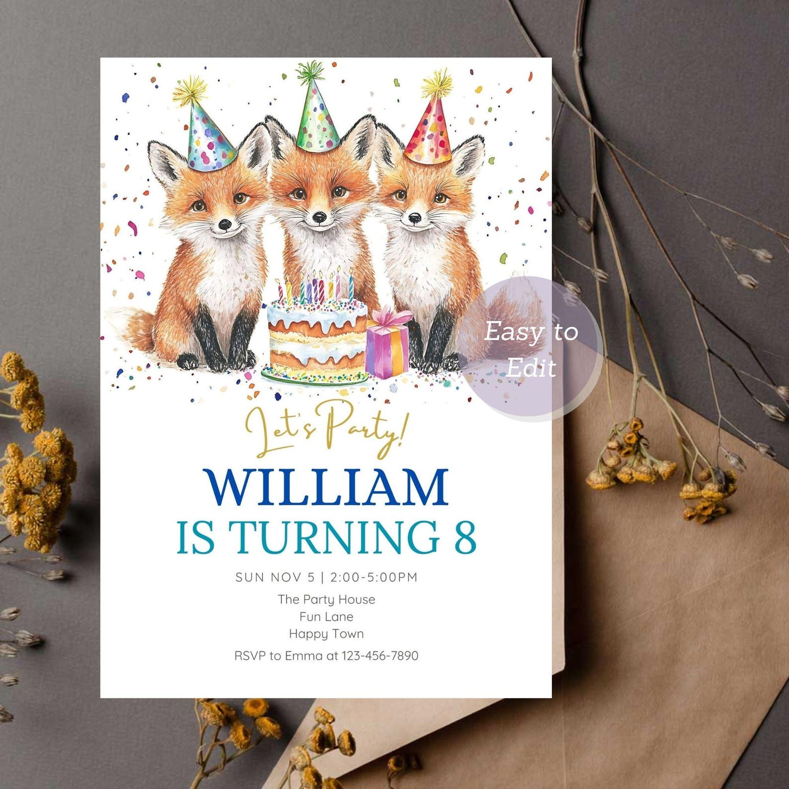 Fox Birthday Invitation Forest Animal Themed Party Invite Cute Fox Kids ...