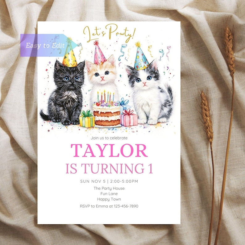 Kitty Cat Birthday Party Invitation Cute Cats Theme Editable Party ...