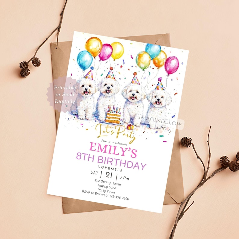 Bichon Frise Dogs Birthday Invitation Maltese Dogs Party Invite ...