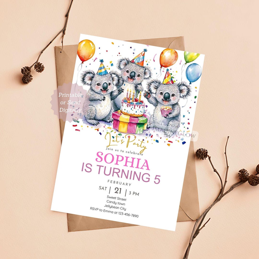 Koala Birthday Invitation Party Invite Safari Jungle Party Invite for ...