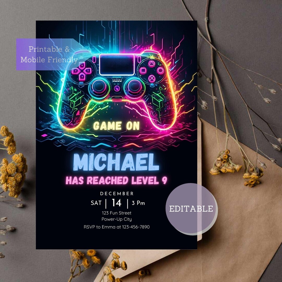 Video Game Party Invitation Template - Neon Boy Game Party - Editable ...