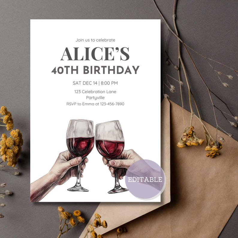 Editable Wine Theme Birthday Invitation Template - Cheers Party Invite ...