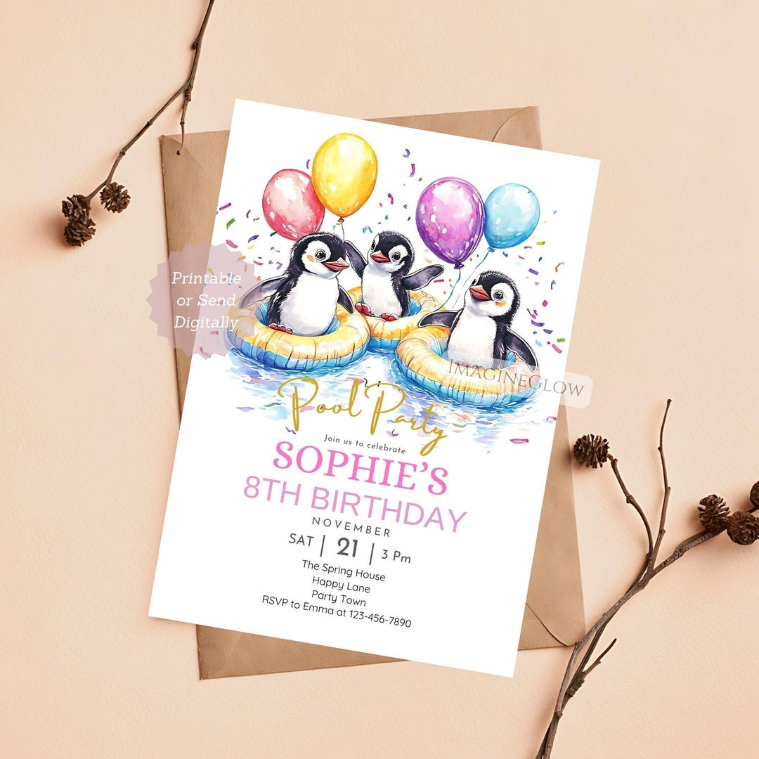 Penguin Pool Party Birthday Invitation: Summer Swim (digital Download ...