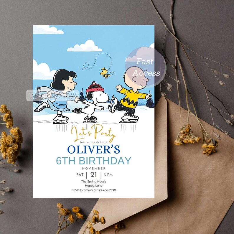Snoopy Birthday Invitation: Ice Skating Party Invite Template, Editable ...
