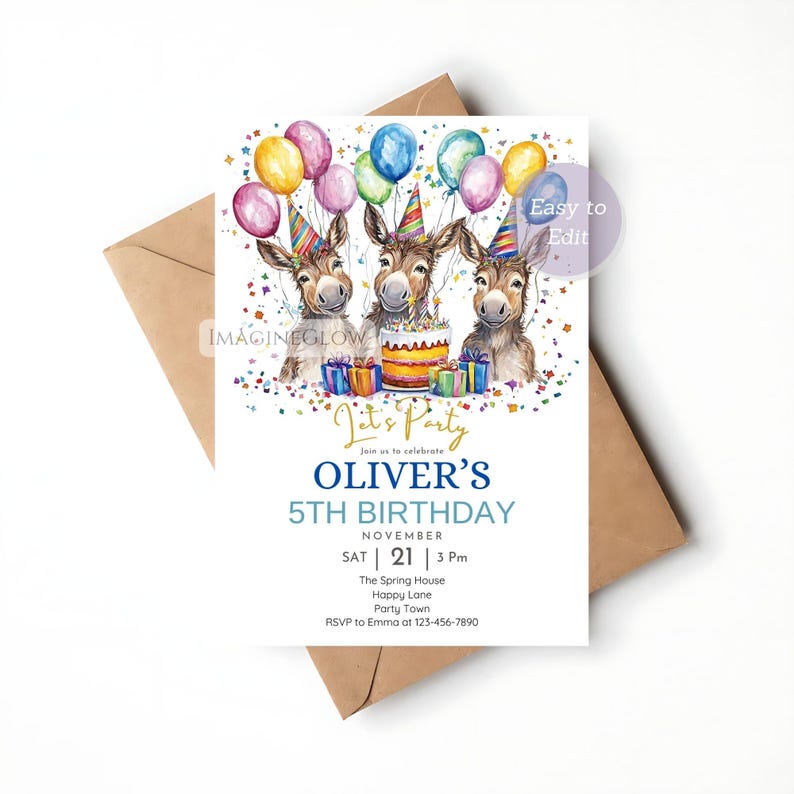 Donkey Birthday Invitation: Farm Animal Party, Editable Template ...