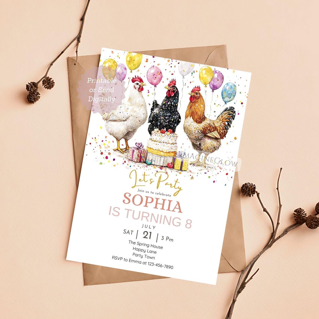 Chicken Birthday Invitation Hen Party Invite Rooster Birthday Card Cute ...
