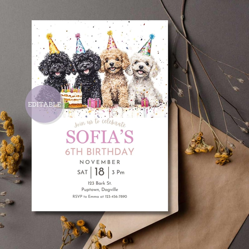 Toy Poodle Dog Birthday Invitation Template - Editable Party Invite ...