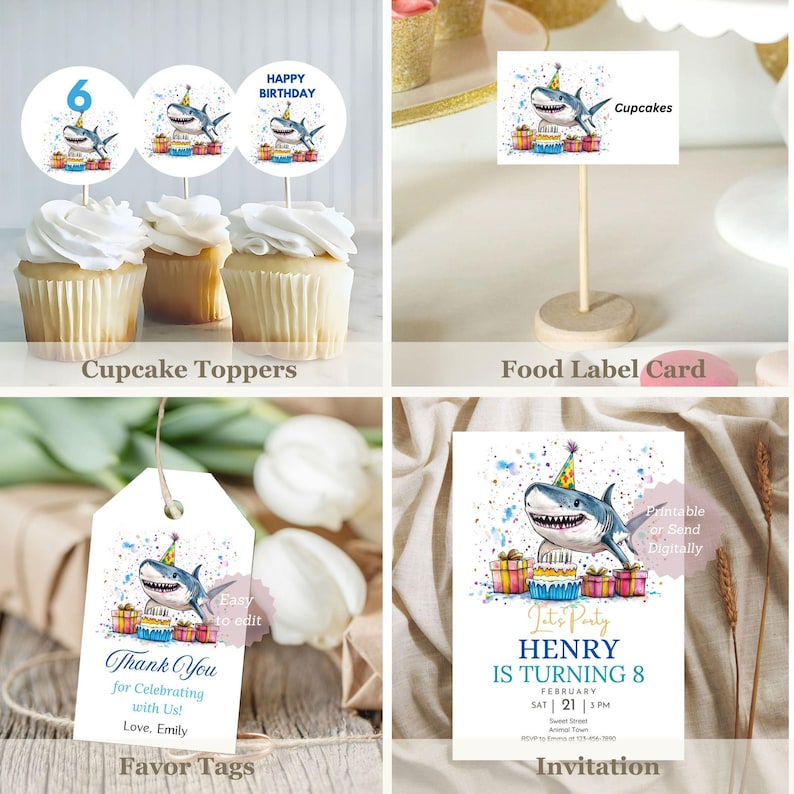 Shark Birthday Party Bundle: Ocean Theme, Editable in Canva (digital ...