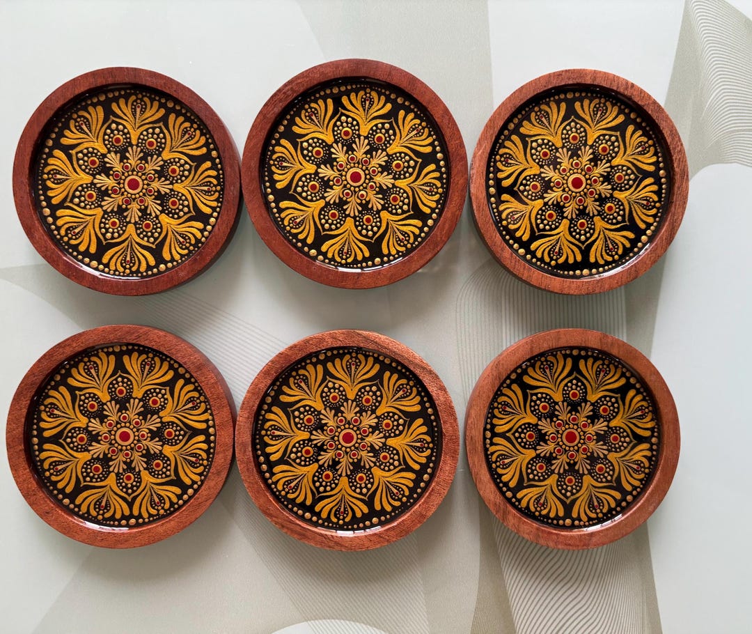 Dot Mandala Coasters,set of 6, Resin Coated Coasters,wooden Coasters ...