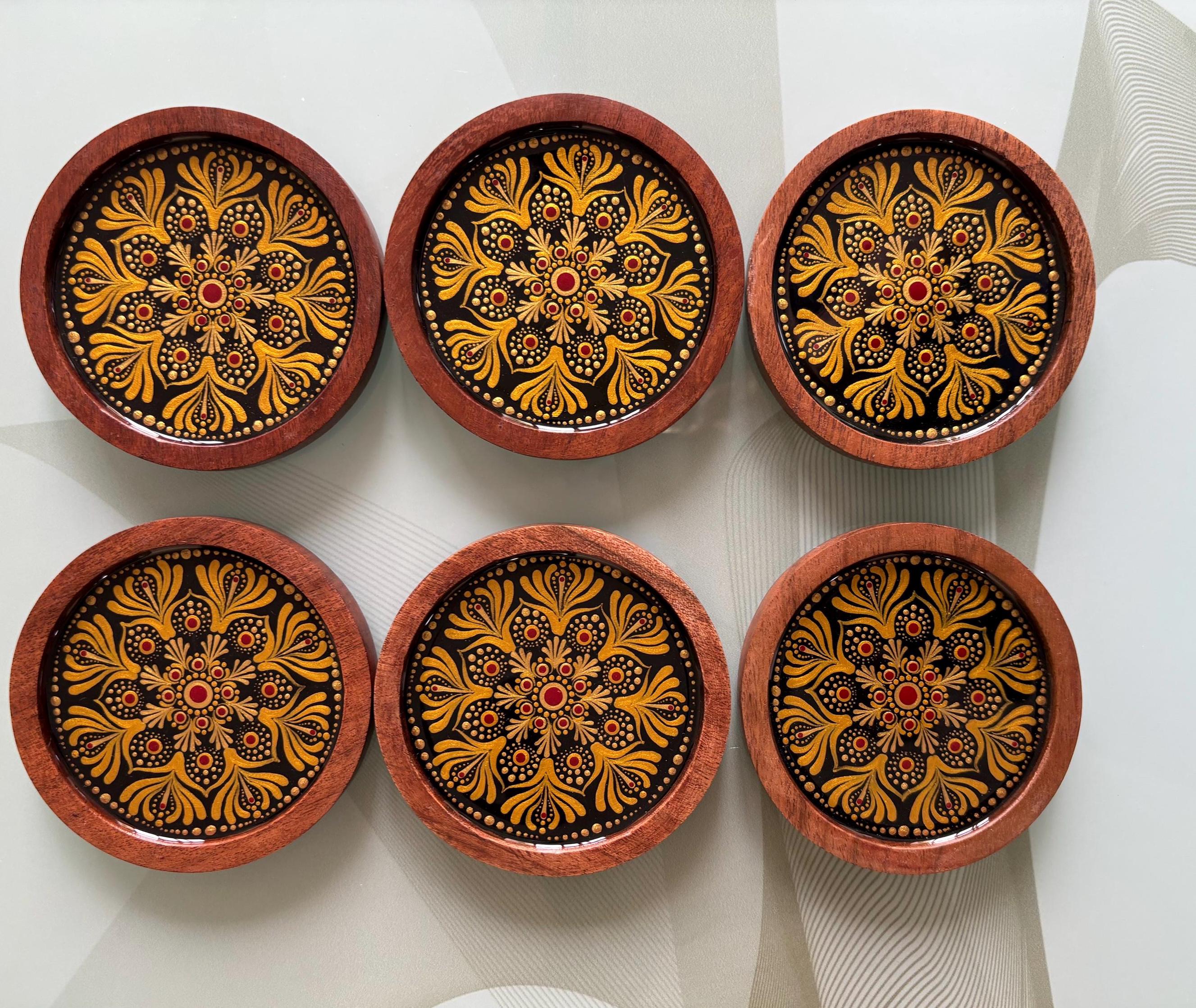 Dot Mandala Coasters,set of 6, Resin Coated Coasters,wooden Coasters ...