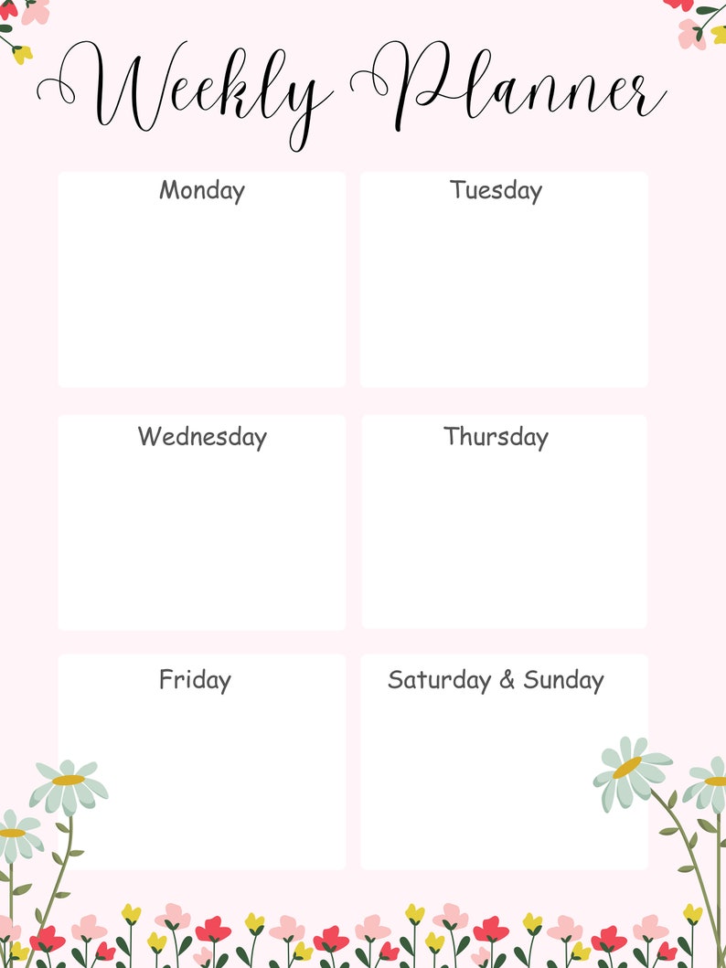 Weekly Planner, Template, Pretty, Pink, Flower Design, Weekly Schedule ...