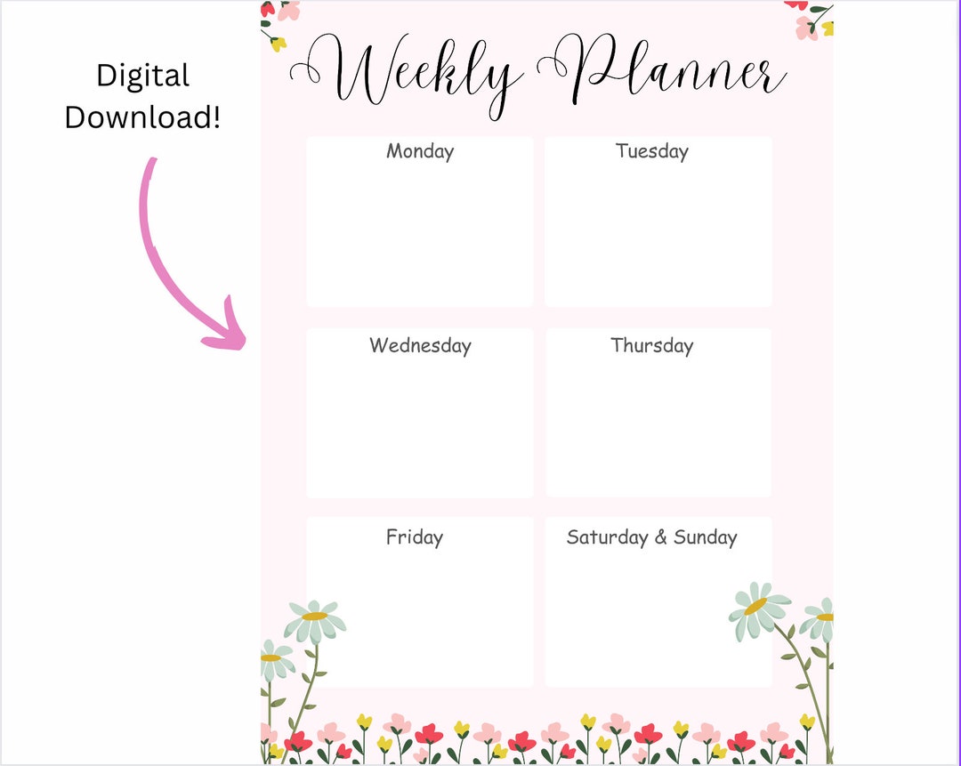 Weekly Planner, Template, Pretty, Pink, Flower Design, Weekly Schedule ...