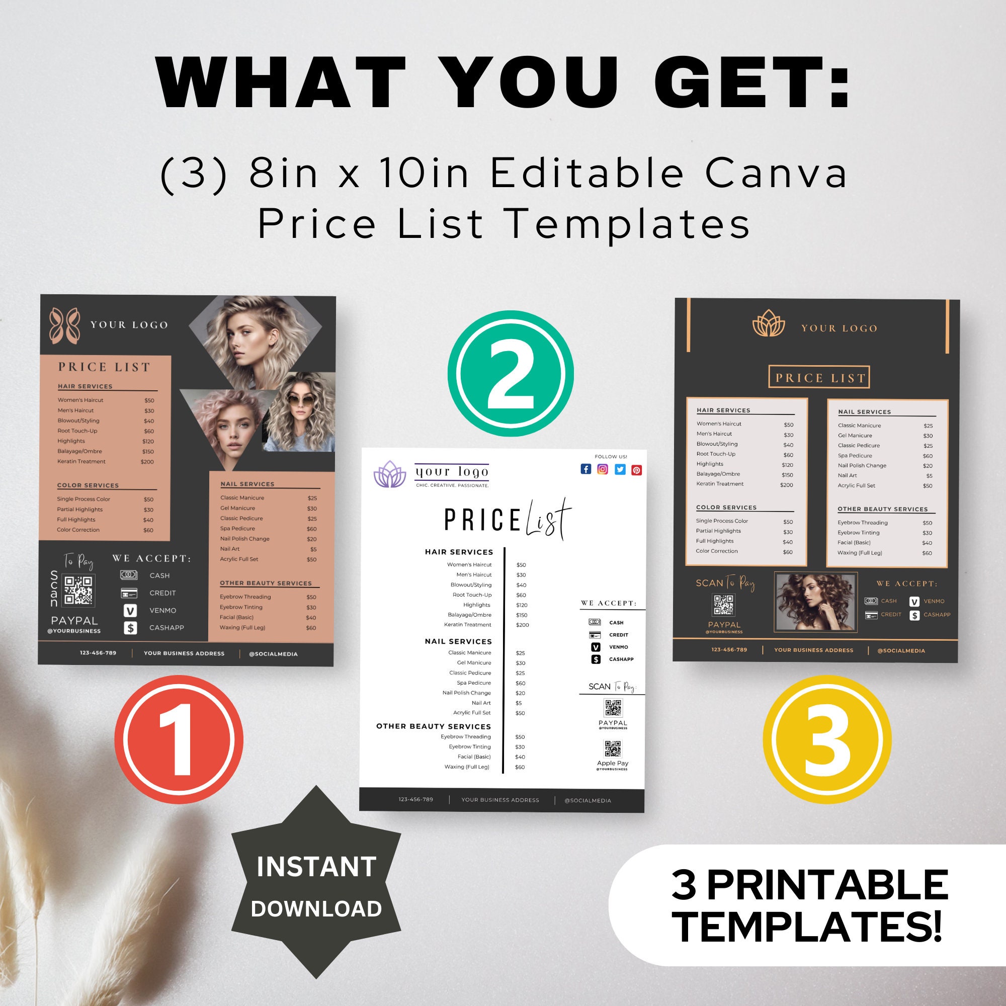 Customizable Small Business Salon Price List and Scan to Pay Bundle – 3 ...