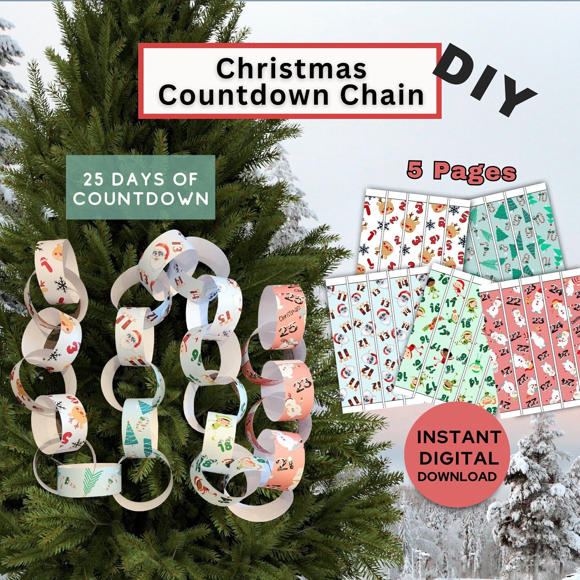 Printable Christmas Countdown Paper Chain- 25 Days of Christmas ...
