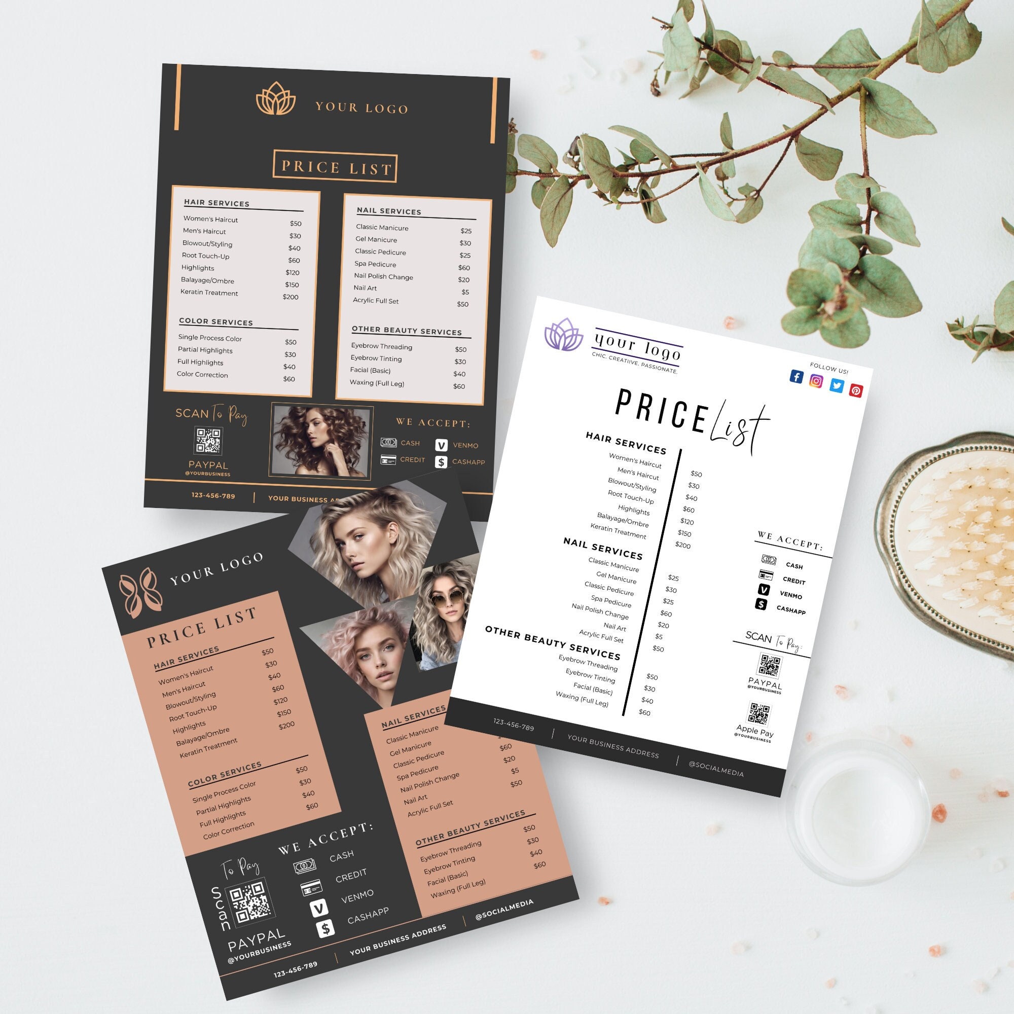 Customizable Small Business Salon Price List and Scan to Pay Bundle – 3 ...